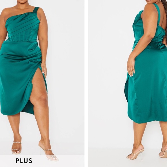 PrettyLittleThing | Dresses | Plt Plus Emerald Green Satin Drape Detail ...